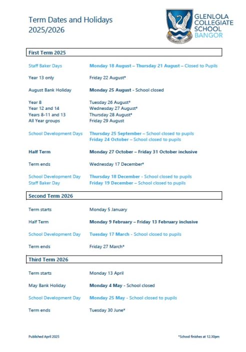 Term Dates and Holidays 2025-26 – Glenlola Collegiate